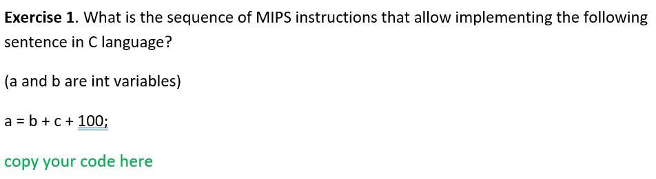 Solved Exercise 1. What is the sequence of MIPS instructions | Chegg.com