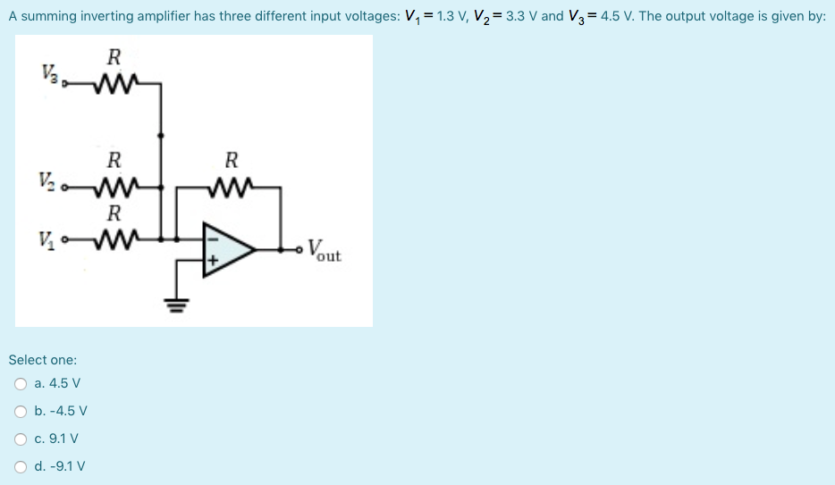 Solved A summing inverting amplifier has three different | Chegg.com