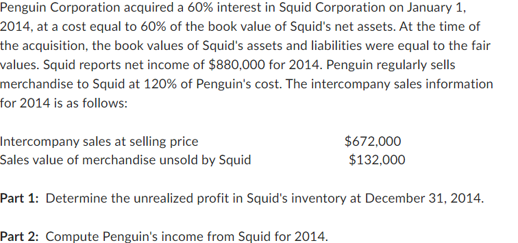 Solved Penguin Corporation acquired a 60\% interest in Squid | Chegg.com