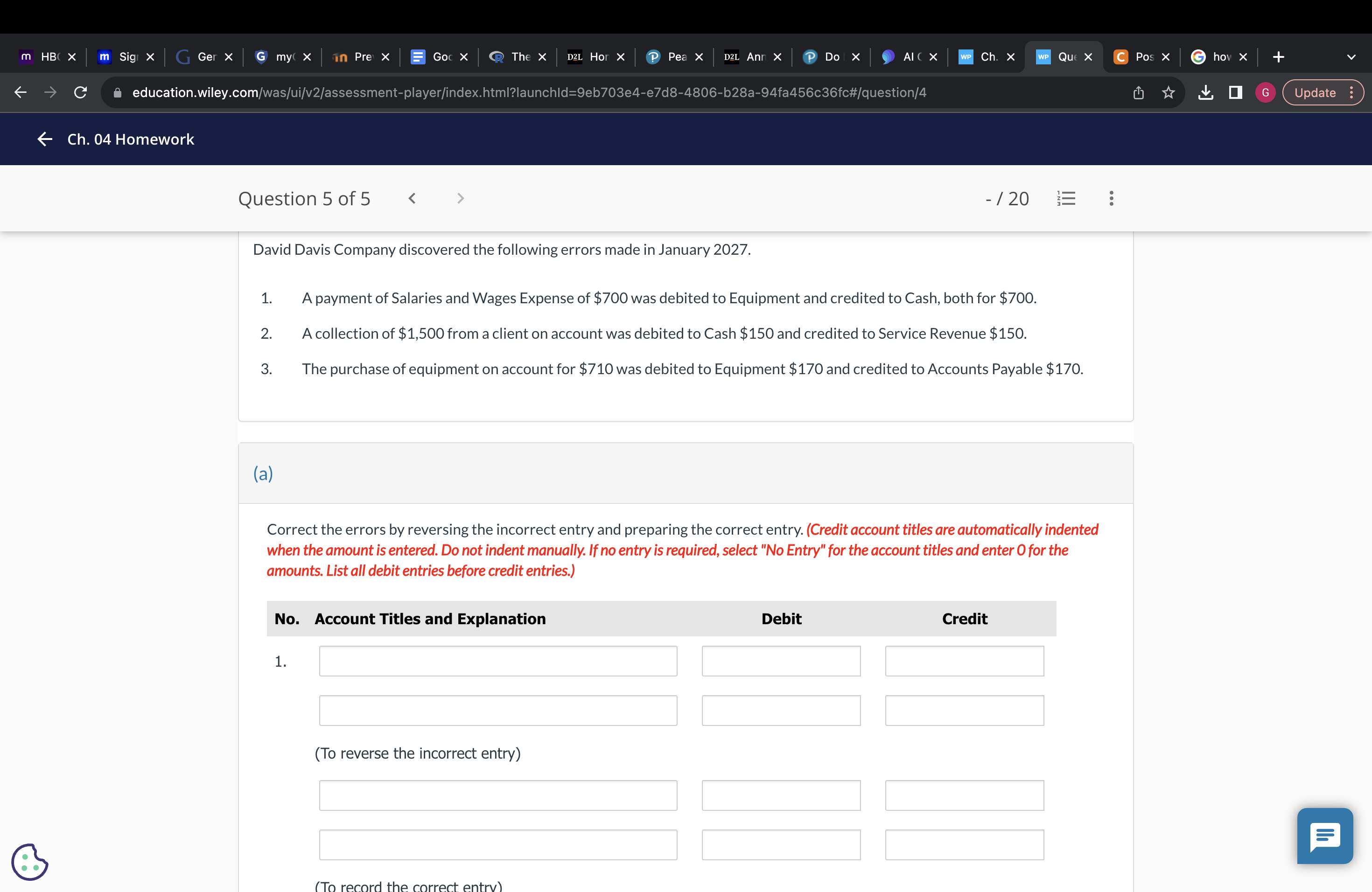 Solved Question 5 of 5 (To record the correct entry) 2. | Chegg.com