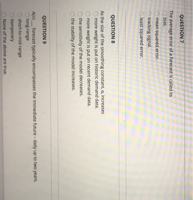 Solved QUESTION 7 The average error of a forecast is called | Chegg.com