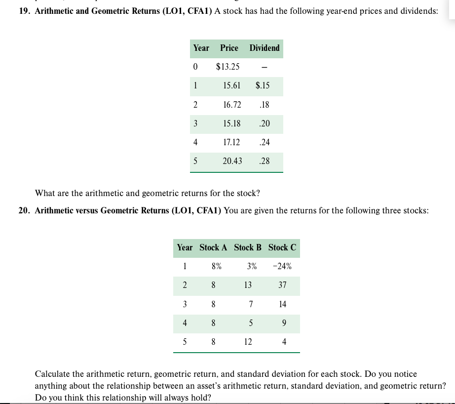 Solved 19. Arithmetic and Geometric Returns (LOI, CFA1) A | Chegg.com
