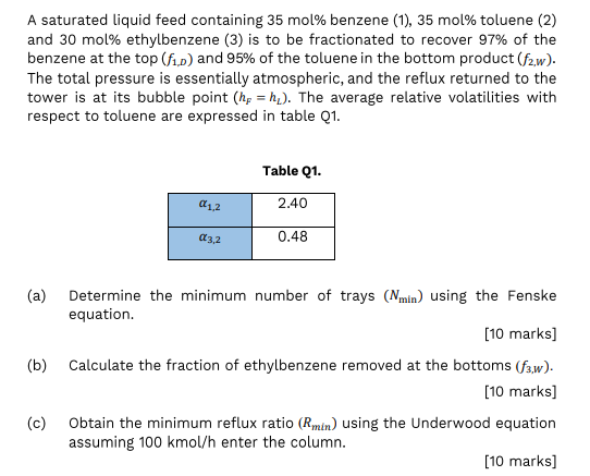 Solved Useful formulae Fenske equation for the pair ij using | Chegg.com