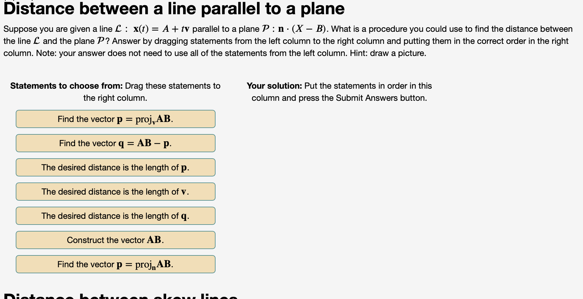 Solved Distance between a line parallel to a plane Suppose | Chegg.com