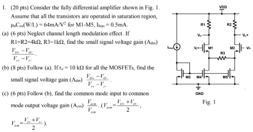 Solved VDD H R1 ww R2 ww V.- V.+ I. M1 M2 Vi- - 0 R3 w 1. | Chegg.com