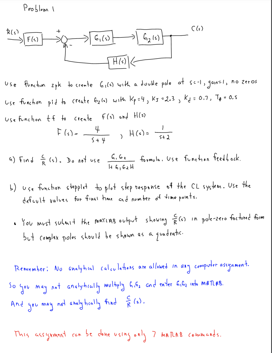 use function zpk to create G1(s) with a double pole | Chegg.com