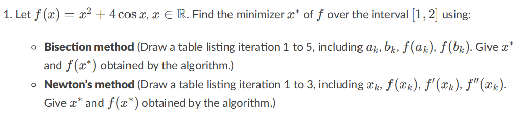 Solved 1. Let f(x)=x2+4cosx,x∈R. Find the minimizer x∗ of f | Chegg.com