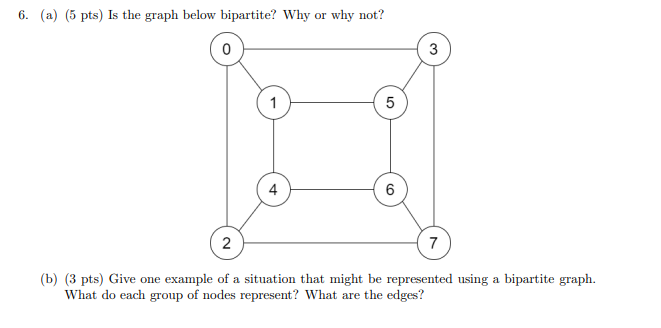 Solved 6. (a) (5 pts) Is the graph below bipartite? Why or | Chegg.com