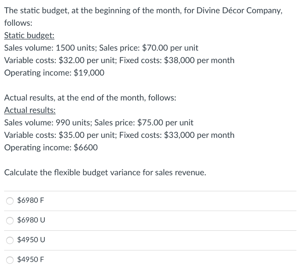 Solved The static budget, at the beginning of the month, for | Chegg.com