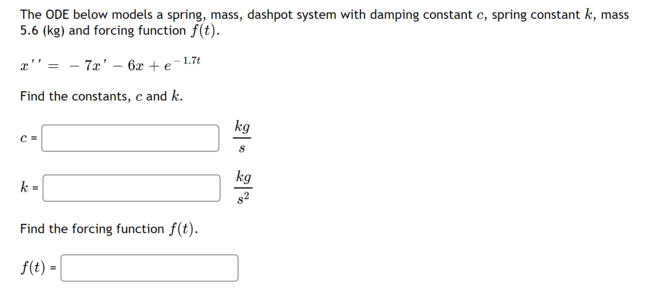 Solved The ODE below models a spring, mass, dashpot system | Chegg.com