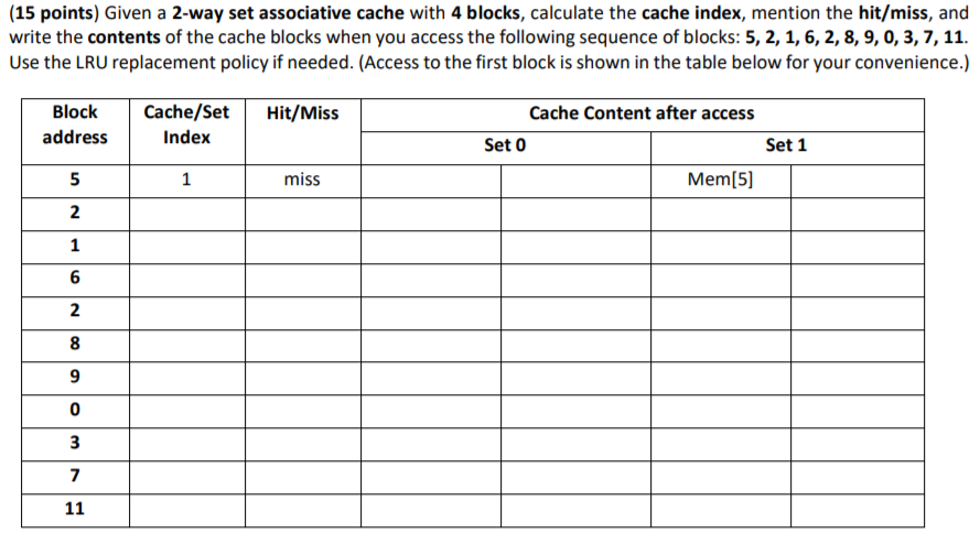 Solved (15 points) Given a 2-way set associative cache with | Chegg.com