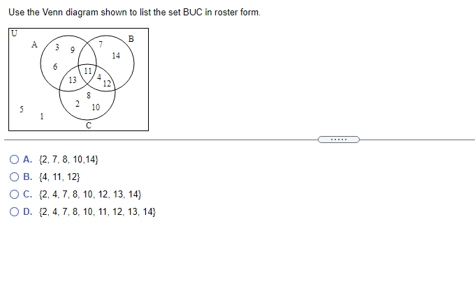 Solved Use the Venn diagram shown to list the set BUC in | Chegg.com