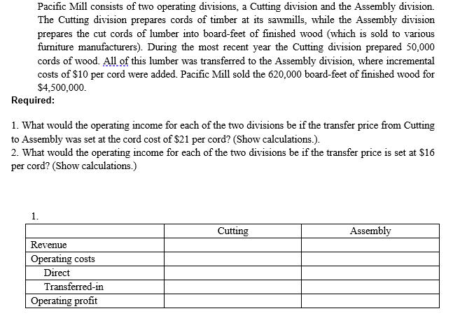 Solved Pacific Mill consists of two operating divisions, a | Chegg.com