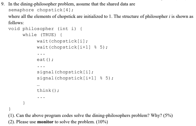 Solved 9 Dining Philosopher Problem Assume Shared Data Semaphore Chopstick 4 Elements 