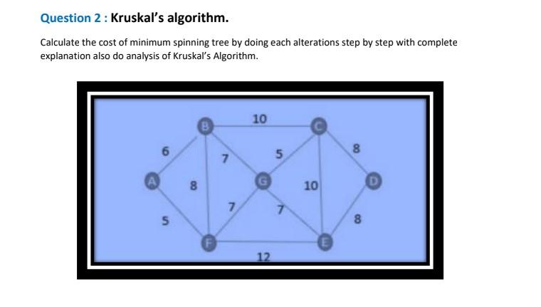 Solved Question 2 : Kruskal's algorithm. Calculate the cost | Chegg.com