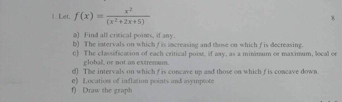 Solved 1. Let. f(x)=(x2+2x+5)x2 a) Find all critical points, | Chegg.com