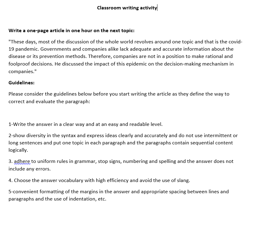 Classroom writing activity Write a one-page article | Chegg.com