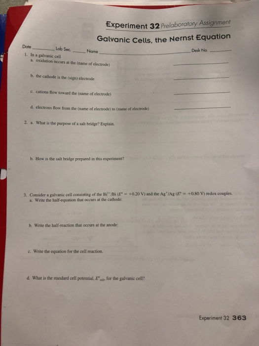 Solved Experiment 32 Prelaboratory Assignment Galvanic | Chegg.com