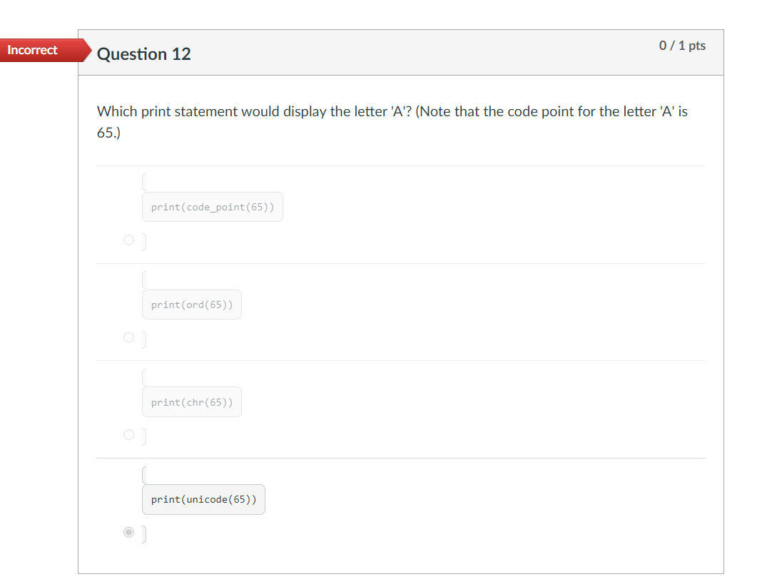 Solved Which print statement would display the letter ' A '? | Chegg.com
