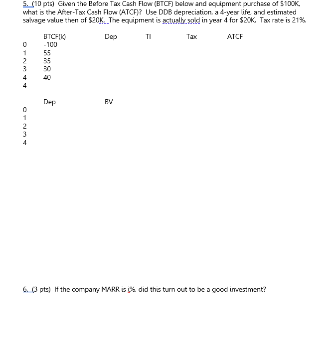 Solved 5._(10 pts) Given the Before Tax Cash Flow (BTCF) | Chegg.com