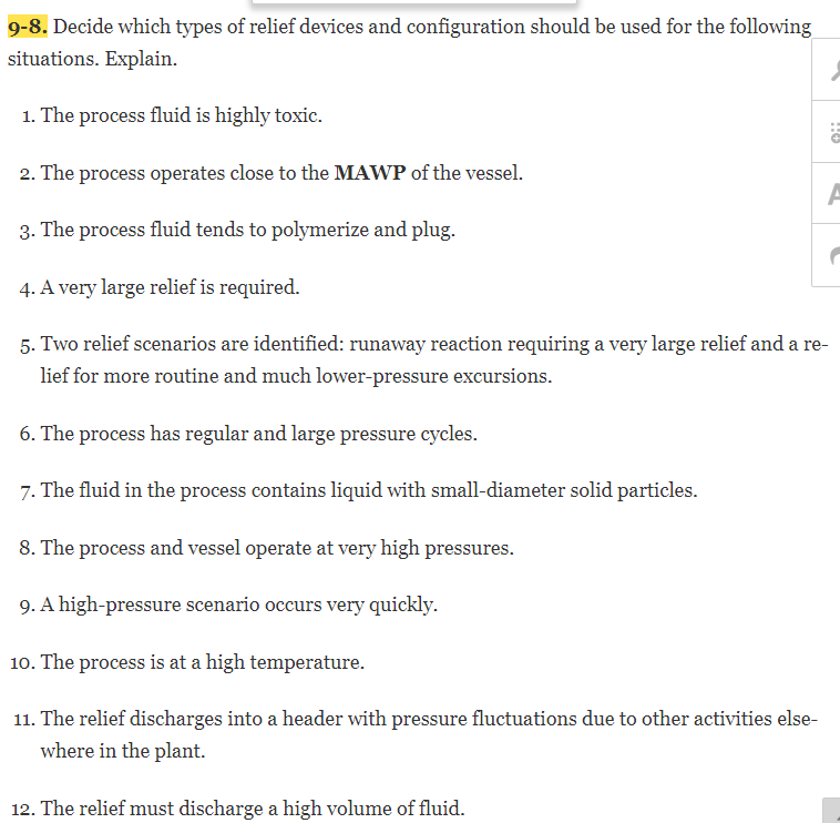 Solved 9-8. Decide which types of relief devices and | Chegg.com