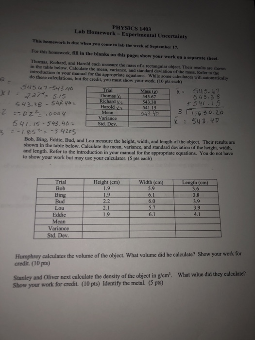 Solved PHYSICS 1403 Lab Homework-Experimental Uncertainty | Chegg.com