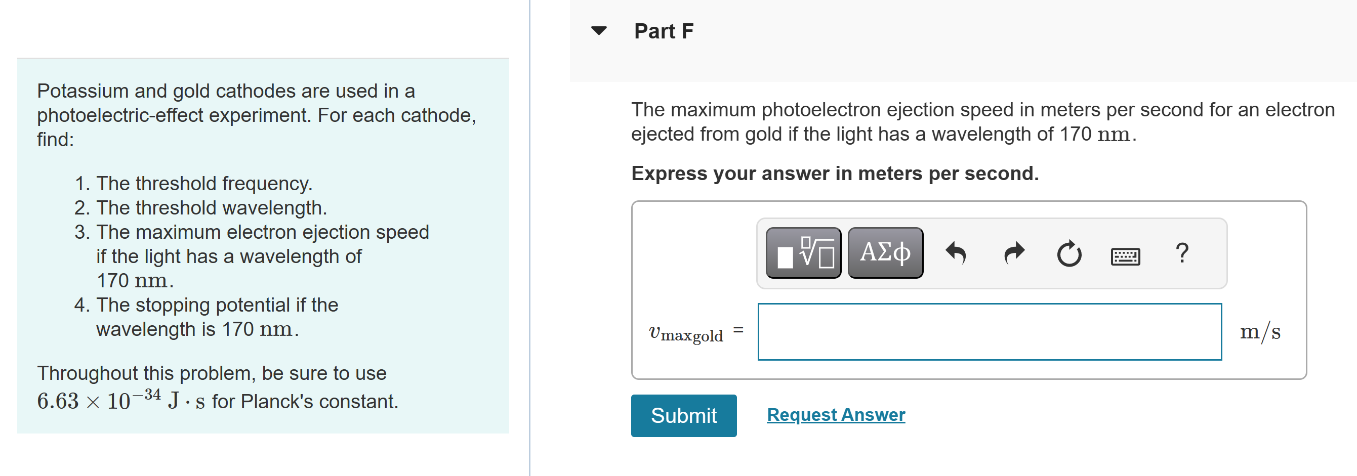 Solved The maximum photoelectron ejection speed in meters | Chegg.com