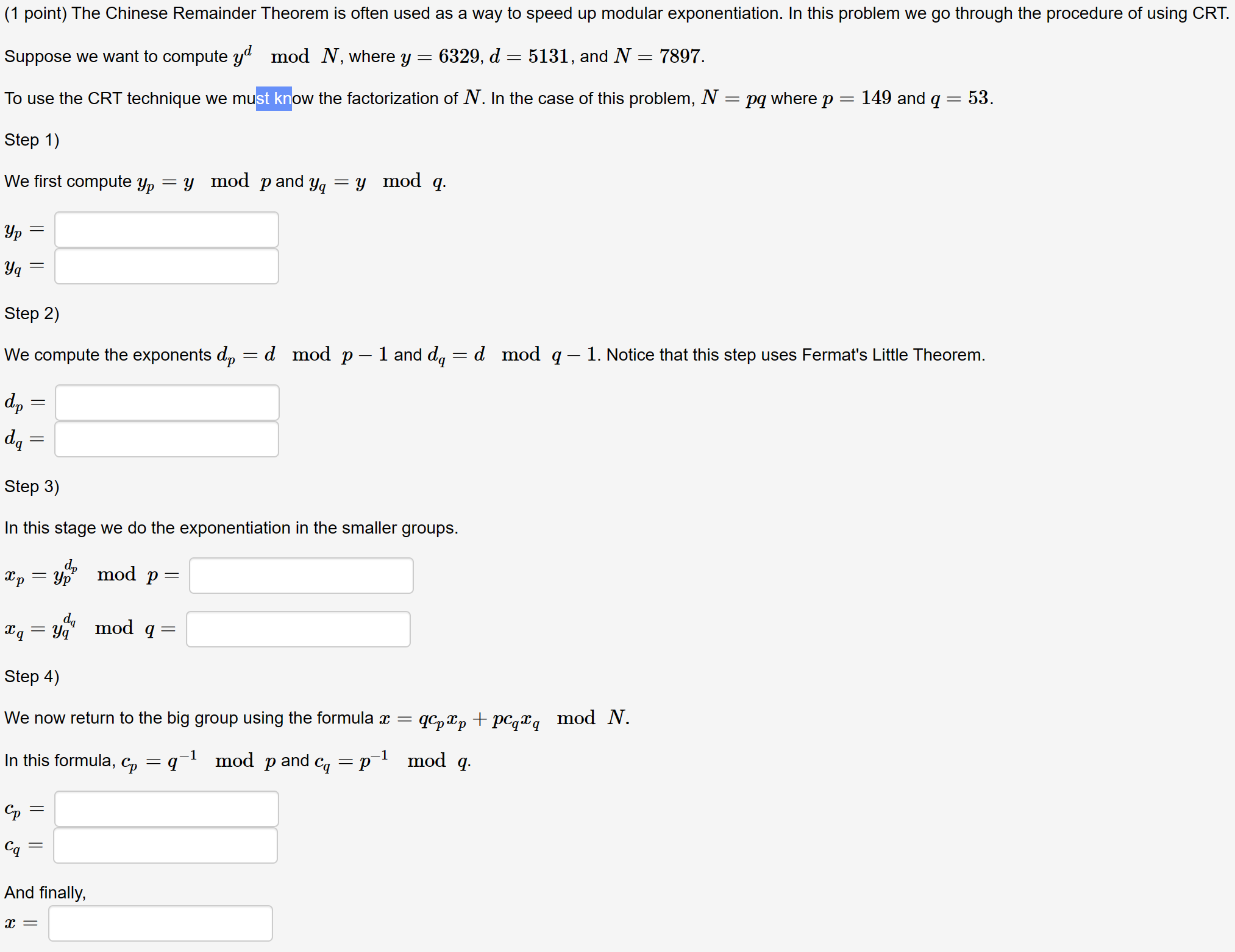 Solved (1 point) The Chinese Remainder Theorem is often used | Chegg.com