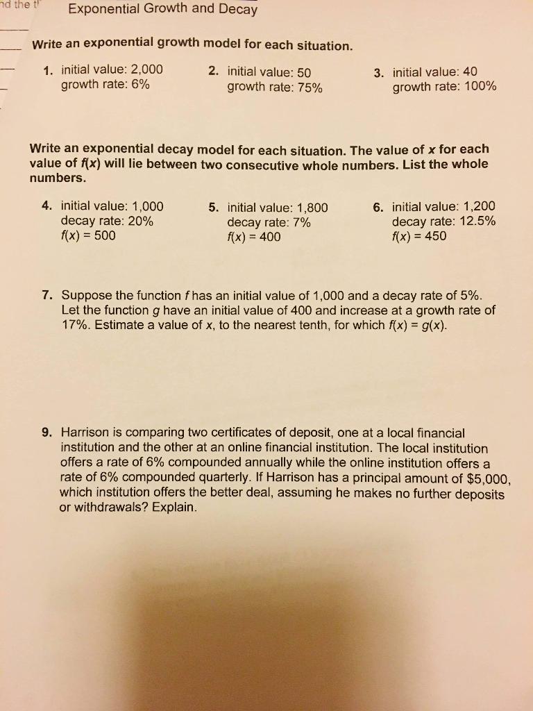 Solved nd the t' Exponential Growth and Decay Write an | Chegg.com