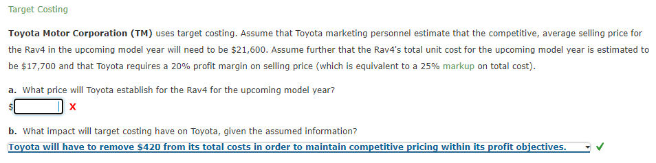 Solved Target Costing Toyota Motor Corporation (TM) uses | Chegg.com