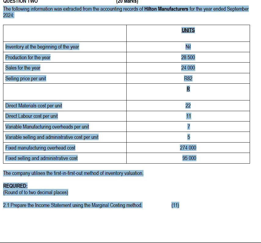 Solved 2.1 Prepare the Income Statement using the Marginal | Chegg.com