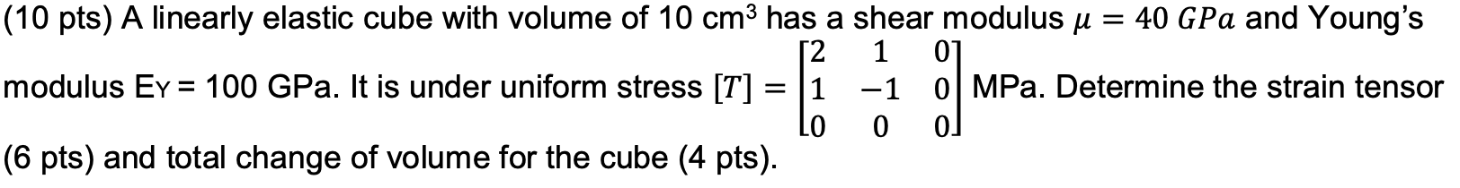 Solved (10 pts) A linearly elastic cube with volume of 10 | Chegg.com