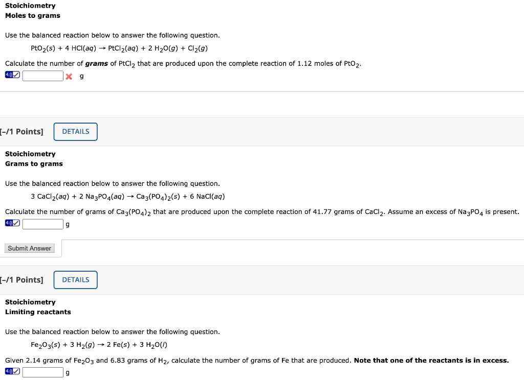 Solved Stoichiometry Moles to grams Use the balanced | Chegg.com