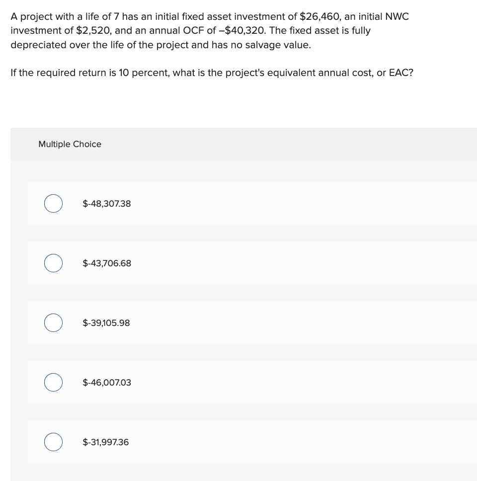 Solved A project with a life of 7 has an initial fixed asset | Chegg.com