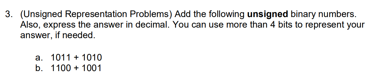 Solved Unsigned Representation Problems Add The Following