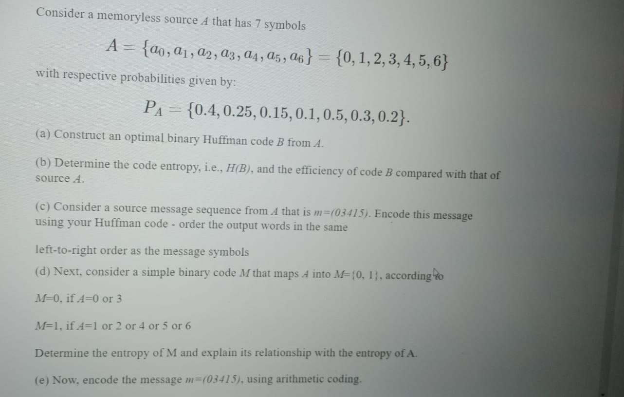 Consider a memoryless source A that has 7 symbols A = | Chegg.com
