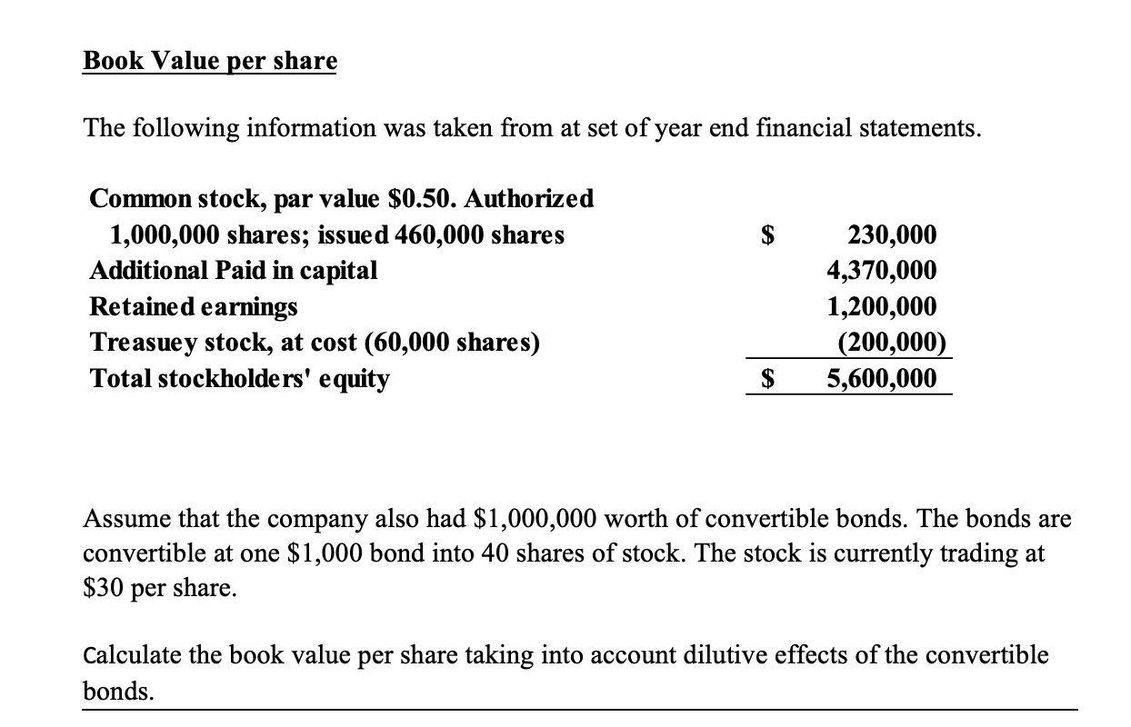 Solved Book Value per share The following information was | Chegg.com