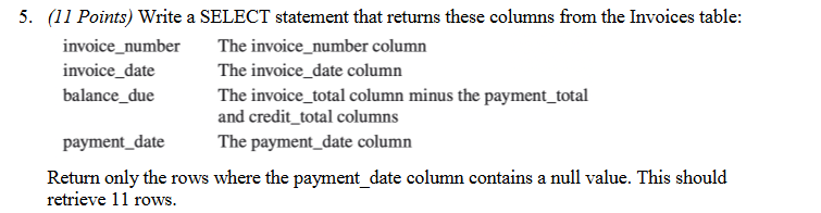 Solved 5. (11 Points) Write a SELECT statement that returns | Chegg.com