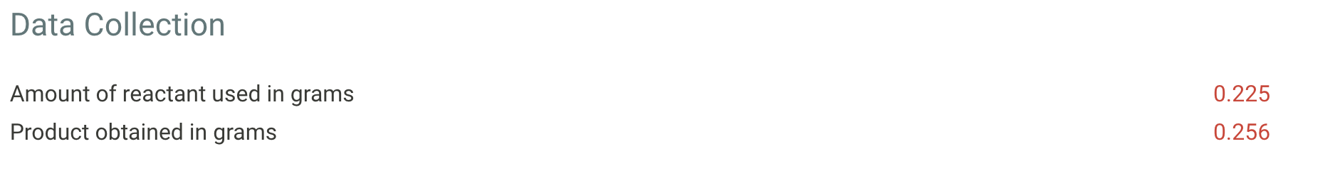 Solved Data Collection Amount of reactant used in grams | Chegg.com