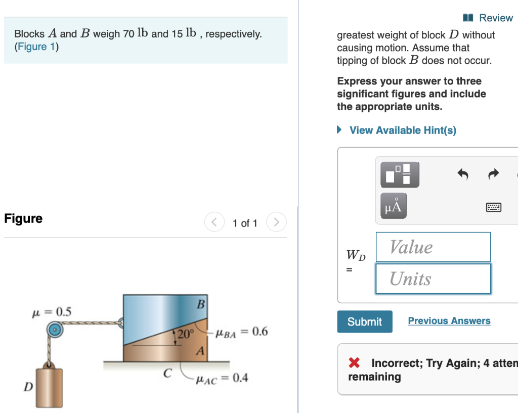 (Solved) : Blocks B Weigh 70 Lb 15 Lb Respectively Figure 1 Ii Review ... (Solved) : Blocks B Weigh 70 Lb 15 Lb Respectively Figure 1 Ii Review ...