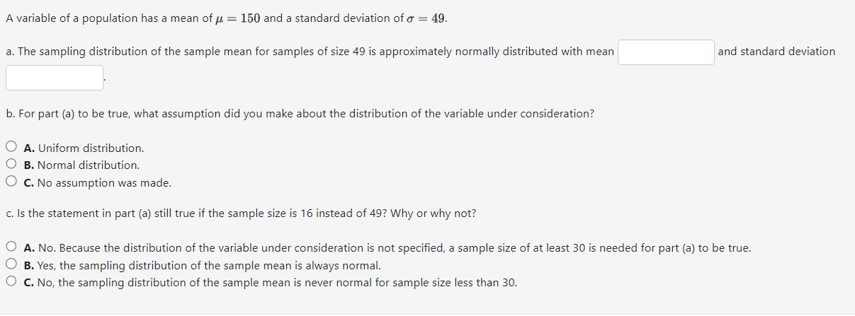 Solved A variable of a population has a mean of μ=150 and a | Chegg.com