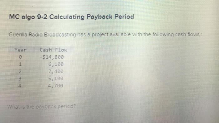Solved MC algo 9-2 Calculating Payback Period Guerilla Radio | Chegg.com Solved MC algo 9-2 Calculating Payback Period Guerilla Radio | Chegg.com