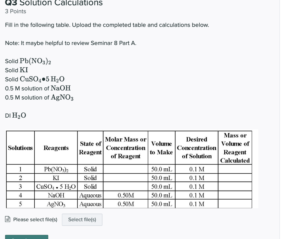 Solved Q3 Solution Calculations 3 Points Fill in the | Chegg.com