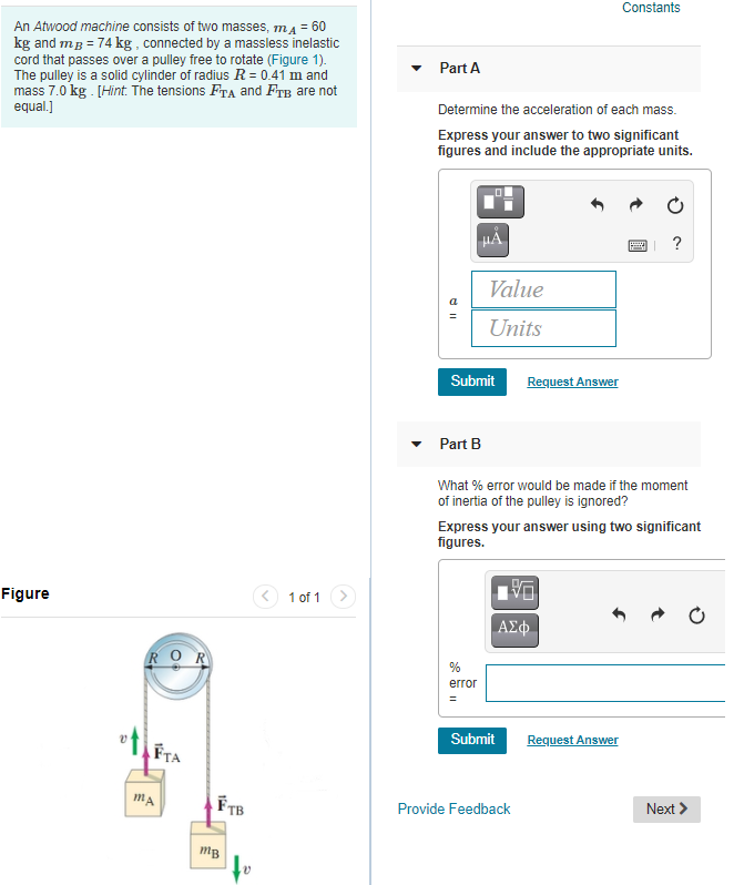 Solved Constants An Atwood machine consists of two masses, | Chegg.com