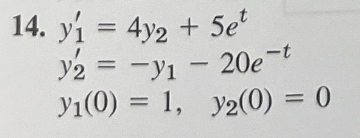 Solved 14. y1′=4y2+5ety2′=−y1−20e−ty1(0)=1,y2(0)=0 | Chegg.com