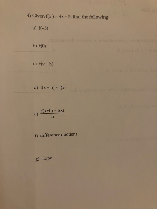 Solved 4) Given f(x) - 4x -5, find the following: a) f(-3) | Chegg.com