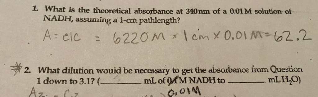 Solved 1. What is the theoretical absorbance at 340nm of a | Chegg.com