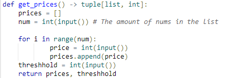 Solved ef get_prices ()−> tuple[list, int ] : prices = [] | Chegg.com