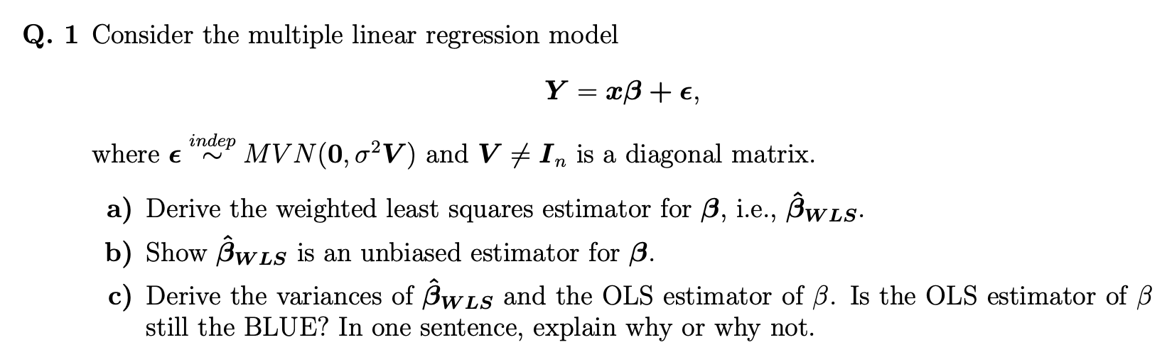 Solved Q. 1 Consider the multiple linear regression model Y | Chegg.com