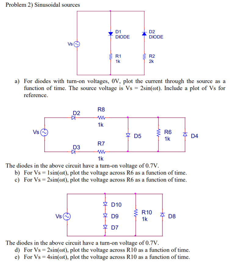 Solved Problem 2) Sinusoidal sources D1 DIODE +D2 DIODE Vs w | Chegg.com
